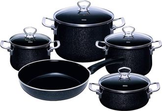 Riess 0558-009, Emailieset Black Magic, 5-teilig, bestehend aus: Fleischtopf mit Glasdeckel 16, 20, 24 cm, Kasserolle mit Glasdeckel 20 cm, Email Pfanne 28 