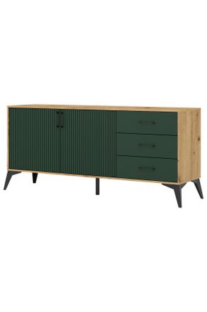 Boxxx Sideboard Lugo, Dunkelgr&uuml;n, Eiche Artisan, Metall, 2 F&auml;cher, 3 Schubladen, 164.5x78.4x42 cm, Made in EU, Beim&ouml;bel erh&auml;ltlich, Wohnzimmer, Kommoden & S