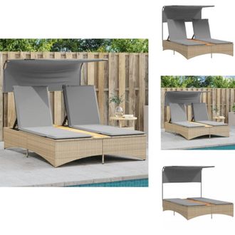 vidaXL Vidaxl - Doppel-Sonnenliege mit Dach und Auflagen Beige Poly Rattan - Doppelsonneliege - Liege - Gartenm&ouml;bel - Outdoor M&ouml;bel - Relax Liege
