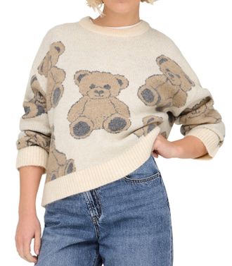 Only Damen Strickpullover gestrickter Pullover mit Teddy Motiven ONLTed 15367467 Whitecap Gray Cartouche/Dgm/Mel/Teddy XS