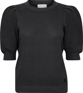 Oxmo OXMicha Pullover Damen T-Shirt Kurzarm Shirt O-Neck halblange Ärmel Kurzarm Rippbündchen Struktur-Strick mit Holz-Detail, Größe:S, Farbe:Black (194007