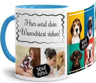 Tassendruck Foto-Tasse selbst gestalten mit Text & Collage für 5 Fotos - Geschenk für Familie, Freunde, Geburtstag, Weihnachten - Keramik Innen & Henkel Hellblau,