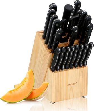 Alpina Messerblock 22-Teilig - Messerset mit Block - Küchenmesser Set - 18 Verschiedener Messer - Inkl. Schärfer und Schere mit Antihaftbeschichtung - 21 x 1