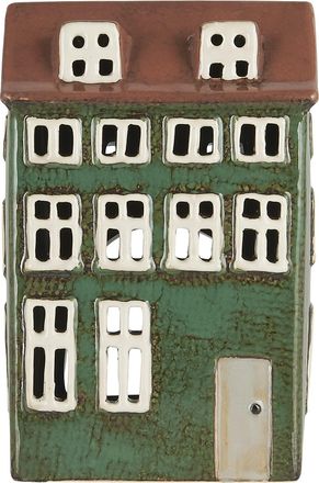 Ib Laursen Haus f/Teelicht Nyhavn braunes Dach Deko Teelichthalter Keramik grün braun Skandi Vintage Landhaus, B: 7 / H: 16,5 L: 9,5 cm, 27605-22
