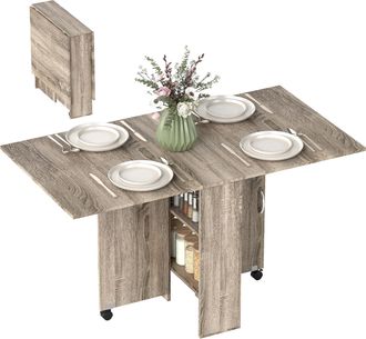 HOMCOM Klappbarer Esstisch, Klappbarer K&uuml;chentisch f&uuml;r 6 Personen, Platzsparender Klapptisch mit 2 offenen Ablagen und Bremsrollen, f&uuml;r Wohnzimmer, B&uuml;ro, 140