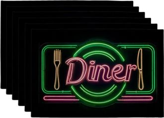 Generic Neon Diner-Stil Tischsets Schwarz Retro Dekorative Tischsets f&uuml;r Esstisch rutschfest Waschbar Indoor Outdoor Event Geschirr Set von 6