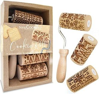 ScrapCooking 3798 Set Cookie Roll Weihnachten - 3 Mini-Gebäckrollen aus Holz mit Motiven - Dekos mit Prägung - Form für Kekse, Sandgestrahlt, Kekse