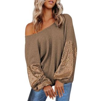 Generic Top femme &agrave; &eacute;paules d&eacute;nud&eacute;es &agrave; paillettes hauts pour femmes, pulls &agrave; la mode sweats occasionnels scintillants patchwork chemisiers &eacute;l&eacute;gants pull en tr