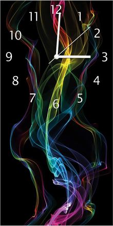 Wallario Design-Wanduhr, Acrylglasuhr Gr&ouml;&szlig;e 30 x 60 cm, wei&szlig;e Zeiger, Motiv Bunter Rauch vor schwarzem Hintergrund