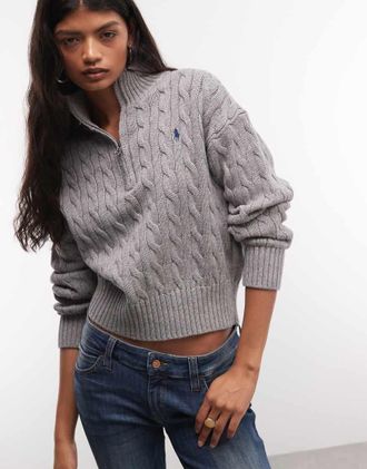 Polo Ralph Lauren Icon-Logo-Polo aus Baumwolle mit Zopfmuster in Grau