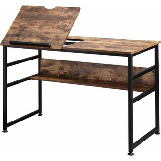 HOMCOM Homcom - Bureau informatique design industriel - plateau relevable, &eacute;tag&egrave;re - panneaux particules aspect vieux bois m&eacute;tal noir