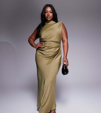 Asos Curve ASOS DESIGN Curve - Maxikleid in Olivgr&uuml;n mit drapiertem Oberteil und Wasserfallausschnitt am R&uuml;cken