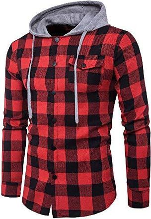 Generic Chemise &agrave; manches longues &agrave; carreaux pour hommes : sweat-shirt avec cordon de serrage chemise sup&eacute;rieure avec boutons-pression chemise de sport &agrave; capu