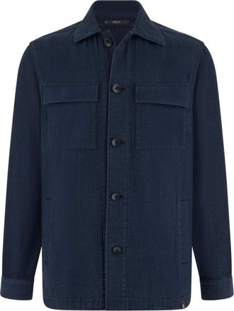 Boggi Milano Homme, Vestes, Bleu, Taille: 2XL Herringbone Linen Cotton Shirt Jacket
