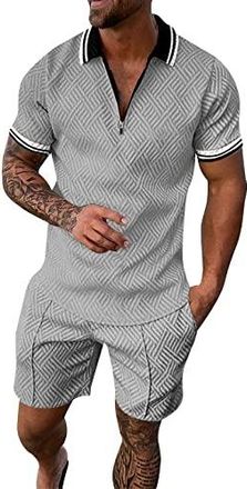 Generic Ensemble de d&eacute;tente en tricot gaufr&eacute; pour homme - Tenue tropicale avec demi-fermeture &eacute;clair - Polo et short &agrave; revers - Surv&ecirc;tement 2 pi&egrave;ces - Tenue d