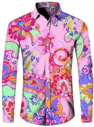 Generic Costume de carnaval pour homme - Masque des ann&eacute;es 80 - Imprim&eacute; - Chemise pour homme avec boutons et col Mardi Gras - Chemise &agrave; revers - Chemise de ca