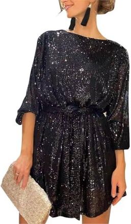 ORANDESIGNE Robe de Paillettes à Col V pour Femme de Soirée Asymétrique Épaules Nues Chic Robe-Mini Brillante Paillette Disco à Manches Longues A Noir XL