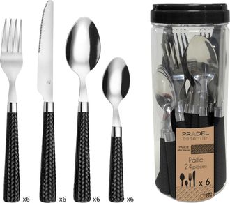 Amefa PAILLE Besteck Set 6 Personen | Essbesteck 24-teilig | schwarze Griffe im Flechtdesign | Besteck Set 18/0 Edelstahl | Besteckset sp&uuml;lmaschinenfest | j