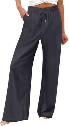 Generic Pantalon d&eacute;t&eacute; en lin pour femme - Long - L&eacute;ger et a&eacute;r&eacute; - Pantalon en lin &eacute;lastique - Taille haute - Pantalon de loisirs - Couleur unie - Confortable -