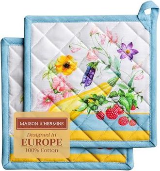 Maison d'Hermine Giverny Lot de 2 maniques 100% Coton avec Boucle r&eacute;sistante &agrave; la Chaleur pour Barbecue, Cuisson, Micro-Ondes, Printemps/&eacute;t&eacute; (20cm x 20cm)