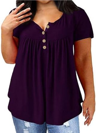 Generic HUIFUAO Haut à Manches Courtes pour Femme Col en V Grande Taille Tunique dété Basique Noir Chemisier boutonné, Violet, 4XL