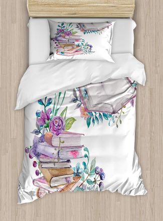 Abakuhaus Bücher Bettbezugs Set für Einzelbetten, Aquarell Bookworm Floral, Milbensicher Allergiker geeignet mit Kissenbezug, 130 x 200 cm, Mehrfarbig Weiß