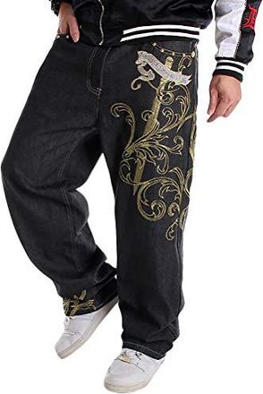 ORANDESIGNE Homme Hip Hop Jeans Style Hipster Graffitis Impression Baggy Jeans Urbain Skate Denim Pantalons Lâche Fit Jambe Droite Cargo Pantalon Rétro Broderie D