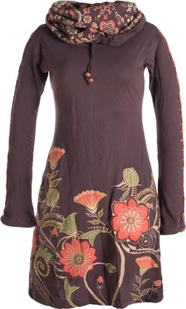 vishes Alternative Bekleidung - Damen Kleid mit Blumen-Muster Langarm Herbst Fr&uuml;hling Schalkragen braun 40