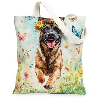 Generic Sac fourre-tout en toile motif chien malinois belge printanier 33 x 38,1 cm, sac d&eacute;picerie r&eacute;utilisable pour femme, animal de compagnie, peinture, d&eacute;c