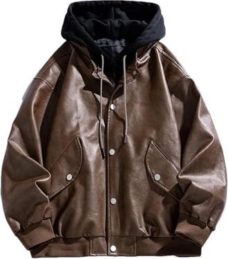 Generic Veste bomber &agrave; capuche en similicuir pour homme, col montant, veste bomber dext&eacute;rieur d&eacute;contract&eacute;e chaude dhiver, caf&eacute;, Large