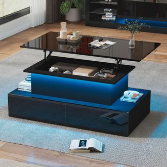 Generic Couchtisch modern Hochglanz mit LED-Beleuchtung, 4 Schubladen und verstecktem Stauraum, stilvoller Beistelltisch für Wohnzimmer, Leseecke oder Home Of