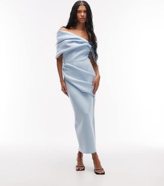 Asos Robe mi-longue en imitation n&eacute;opr&egrave;ne &agrave; encolure Bardot oversize - Bleu p&acirc;le