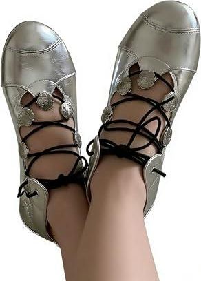 Generic Style baroque pour femme, chaussures &agrave; lacets m&eacute;talliques, chaussures orn&eacute;es de strass, ballerines vintage &agrave; bout carr&eacute; pour le quotidien, les f&ecirc;tes d