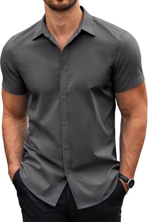Coofandy Herren Hemd Kurzarm Sommerhemd Kurzarm Casual Hemden Kurzarmhemd M&auml;nner Business Herrenhemd Regular Fit Freizeithemd Herren Dunkelgrau 3XL