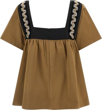 Prada Embellished Neckline Cotton Blouse - Beige