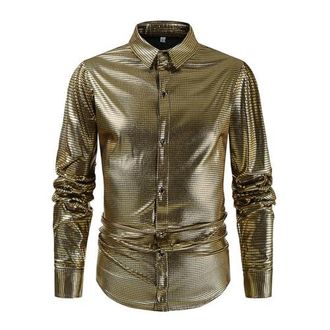 Generico Chemise Homme avec Paillette à Manches Longues Chemise Brillant Style Discothèque Années 70 Robe Slim Fit pour Business Banquet Discothèque de Loisirs