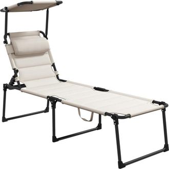 OUTSUNNY Bain de soleil transat inclinable pliable matelass&eacute; - pare-soleil, t&eacute;ti&egrave;re - m&eacute;tal &eacute;poxy noir tissu blanc cass&eacute;