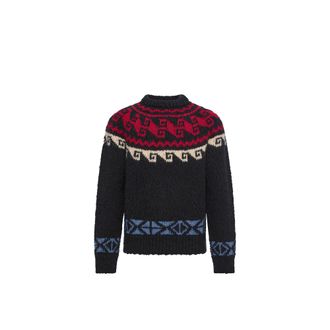 Moncler Moncler Pull En Jacquard De Laine Et Dalpaga G&eacute;om&eacute;trique, Homme, Bleu, Taille: Xl