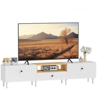 HOMCOM Meuble TV - HOMCOM - 200 cm, t&eacute;l&eacute;viseur jusqu&agrave; 90 pouces - 2 portes rabattables, tiroir, charni&egrave;res &agrave; fermeture amortie - blanc