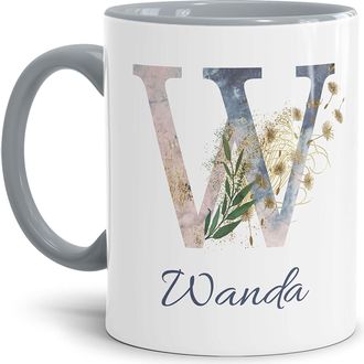 Tassendruck Tasse mit Buchstabe W und Blumen - mit Name personalisiert - Initiale, Namens-Tasse, Buchstaben Tasse, Geschenk I Keramik Innen & Henkel Grau, 300 ml
