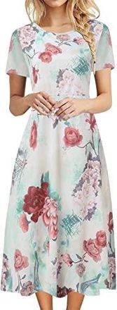 Generic Robes boh&egrave;me 2026 pour femmes, robe d&eacute;contract&eacute;e, col rond, manches courtes, imprim&eacute; floral boh&egrave;me, t-shirt ample et fluide, Vert, L