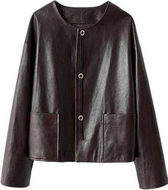 Generic Femmes Simple Boutonnage Col Ras du cou Vestes Courtes en Cuir Couleur unie Manteau en Peau de Mouton Cire Huile, Couleur café., XL