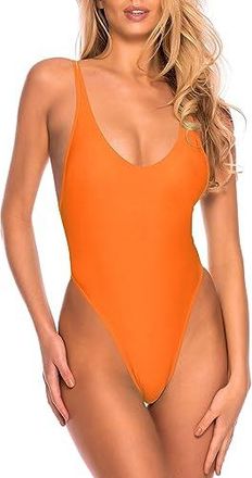 Relleciga Maillot de Bain Une pièce String pour Femme, Orange, Taille S