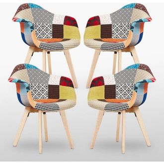 Life Interiors 4er-Set Patchwork-Esszimmerstuhl mit Armlehne - Stoffpolsterung mit Holzbeinen - Esszimmerstuhl - Mehrfarbig