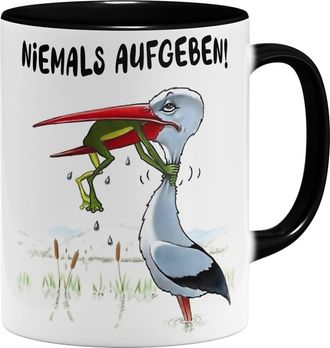 OM3 Niemals aufgeben Kaffee-Tasse mit Spruch - Motivationstasse - Motivation - Keramik Becher - 325ml - Beidseitig Bedruckt - Schwarz