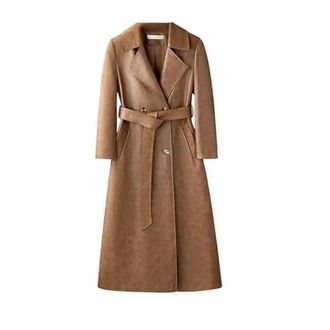 Generic Trench-coat en simili cuir pour femme - Veste longue dhiver double boutonnage &agrave; revers crant&eacute;, Lighttan, S