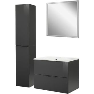 Fackelmann luna Badm&ouml;bel Set 4-teilig, 80 cm breit, Anthrazit, Gussmarmor, Spiegel + Hochschrank-90261145