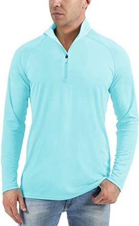 KEFITEVD Haut de Randonnée à Manches Longues pour Homme Protection Solaire dété T-Shirts 1/4 Zip Hauts dextérieur,Bleu Lac Clair,XL