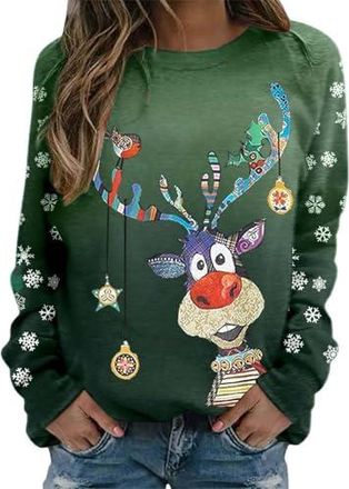 Generic Pulls, Gilets Et Sweats Femme,Femmes Automne Hiver décontracté Noël Renne Bonhomme de Neige Cloches imprimé Mignon Manches Longues col Rond Pull Confo