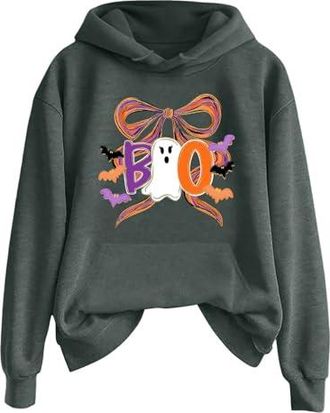 Generic Vestes pour femmes 2026 - Pull &agrave; capuche imprim&eacute; Halloween - Manches longues - D&eacute;contract&eacute; - Col rond - Mode dautomne - Veste polaire confortable, gri
